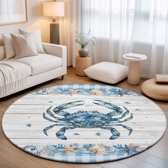 Blue Crab Coastal Washable Round Area Rug 6 ft, Summer Starfish Beach ...