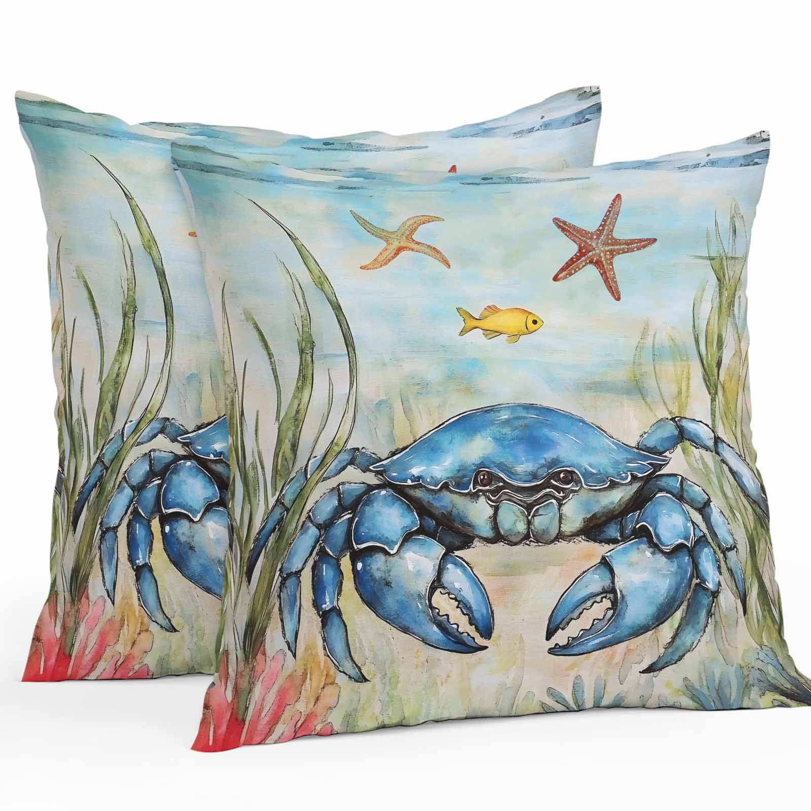 Blue Crab Coastal Waterproof Outdoor Throw Pillow Covers 16''x16'' Pack ...