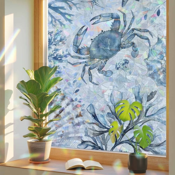 Blue Crab Coastal Window Privacy Film Rainbow Static Cling Stain Glass ...