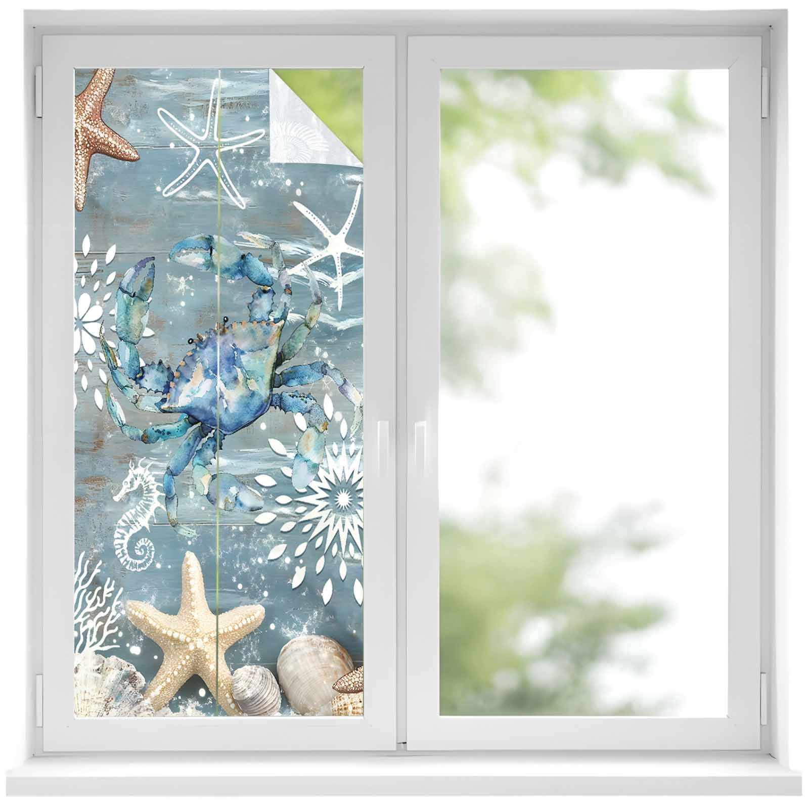 Blue Crab Coastal Window Privacy Film, Summer Beach Nautical Starfish ...
