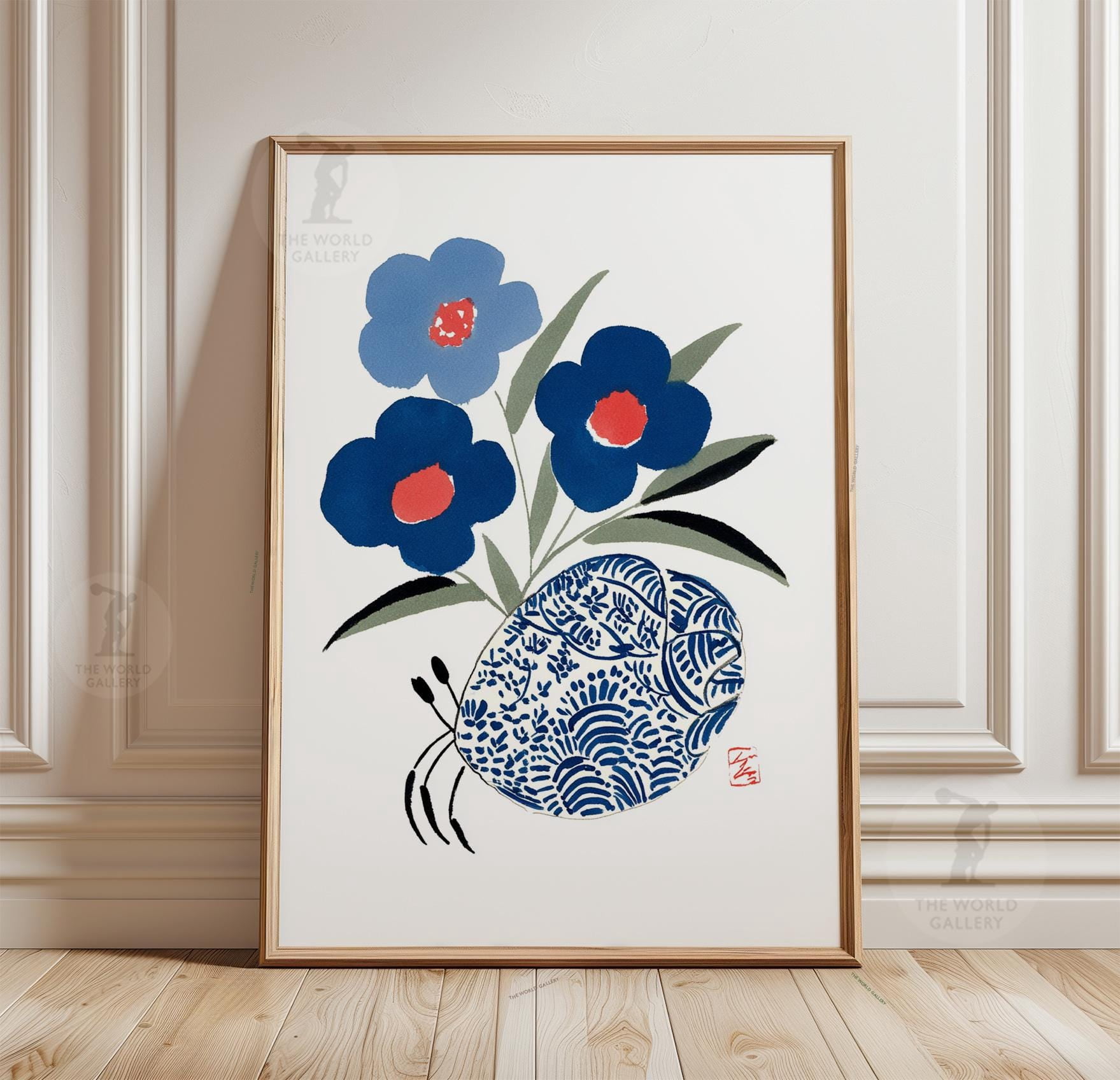 Blue Crab Floral Poster, Japanese Style Illustration Print, Coastal ...