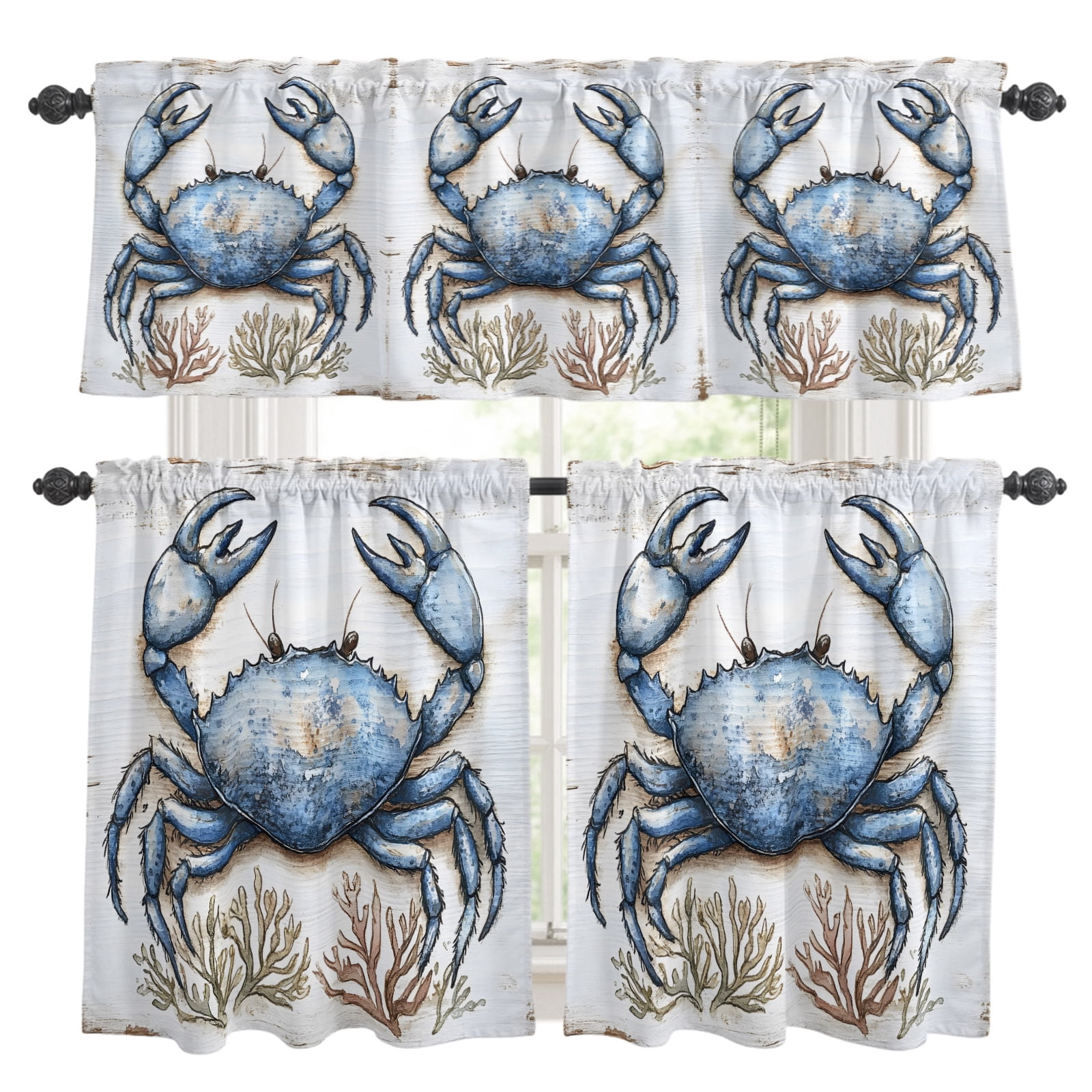 Blue Crab Kitchen Curtains Set for Windows, Ocean Coral Curtains ...