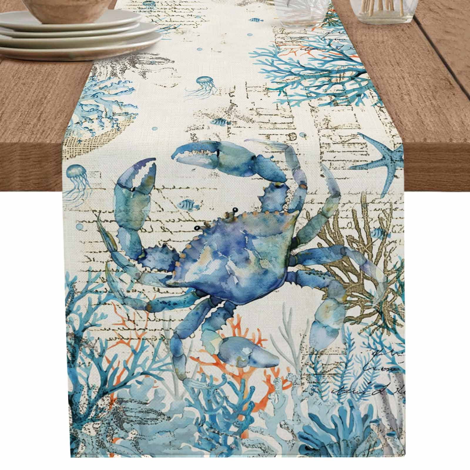 Blue Crab Ocean Coral Starfish on Retro Table Runner-70 Inch Long ...