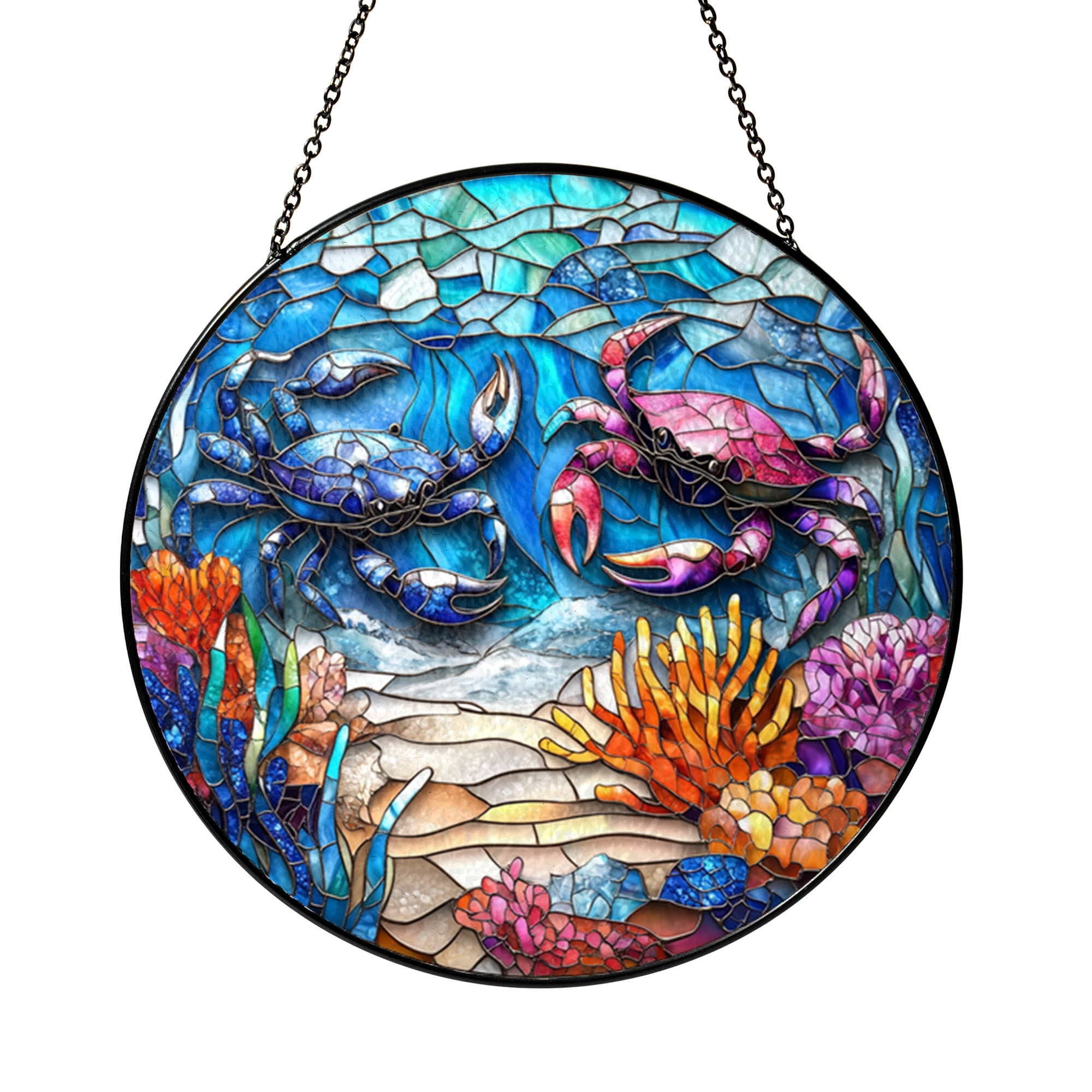 Blue Crab Ocean Scene Stained Glass Suncatcher Coastal Window Hanging ...