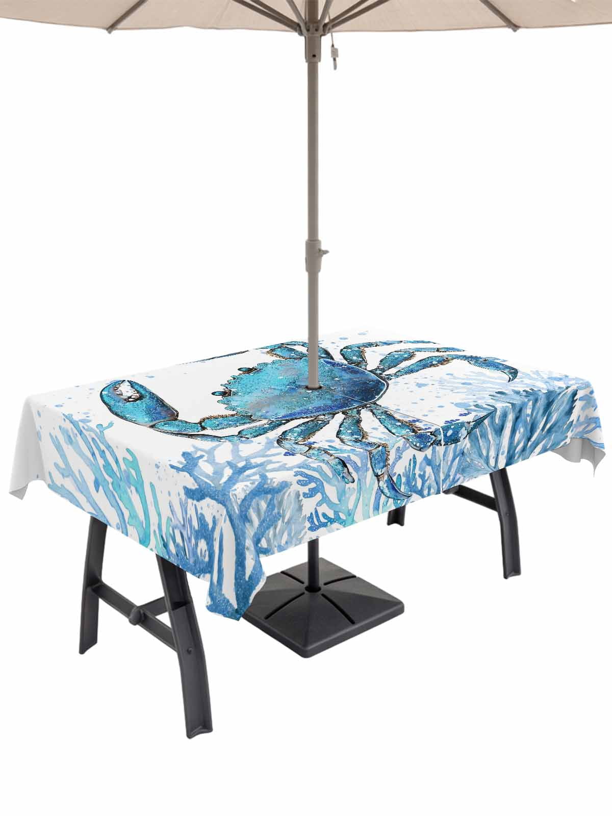 Blue Crab Rectangle Outdoor Tablecloth with Umbrella Hole Watercolor ...