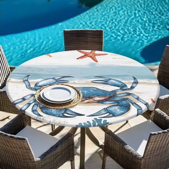 Blue Crab Red Starfish Corals Round Fitted Tablecloth with Elastic Edge ...