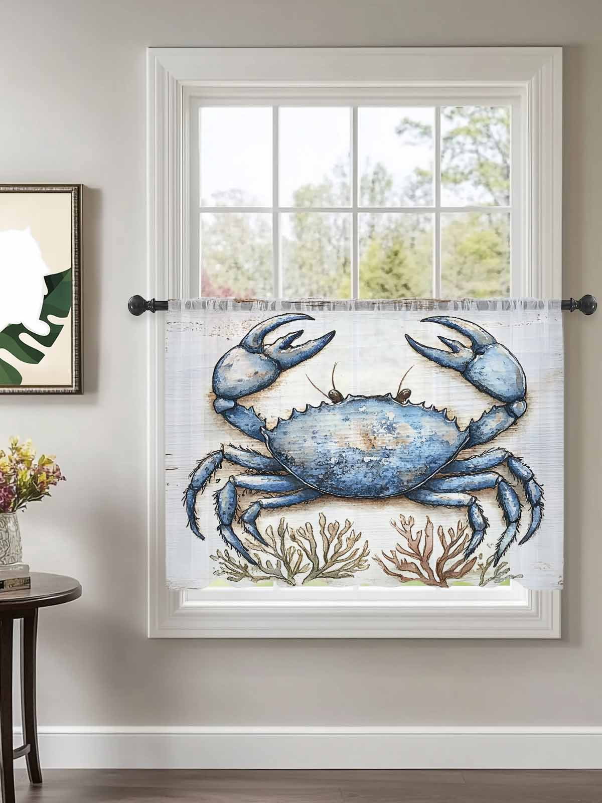 Blue Crab Sheer Curtains 45 Inch Long 1 Panel Ocean Coral Vintage ...