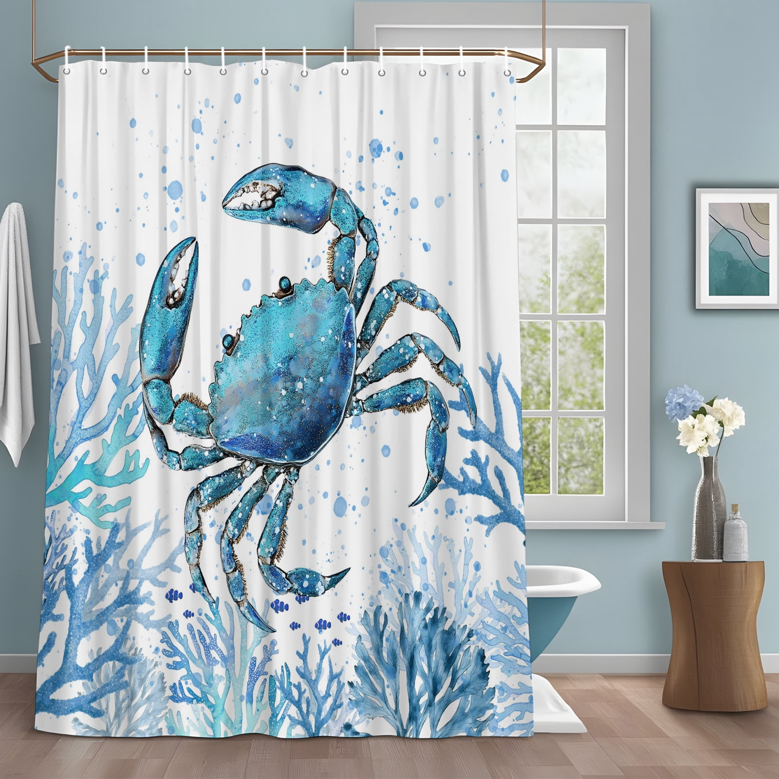 Blue Crab Shower Curtain with Hooks, Watercolor Ocean Blue Coral Crab ...