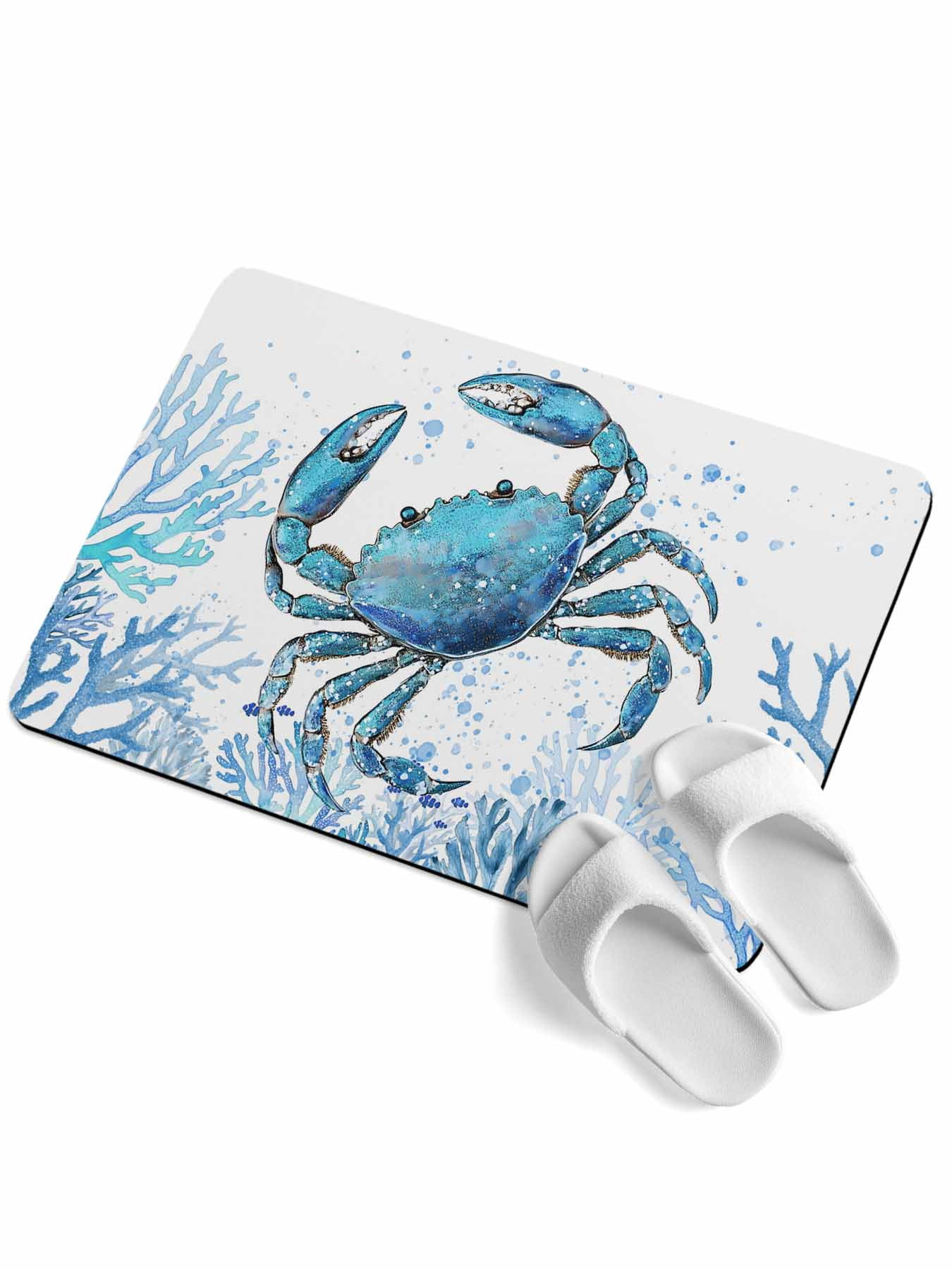 Blue Crab Soft Diatomaceous Earth Mat, Watercolor Ocean Blue Coral Crab ...