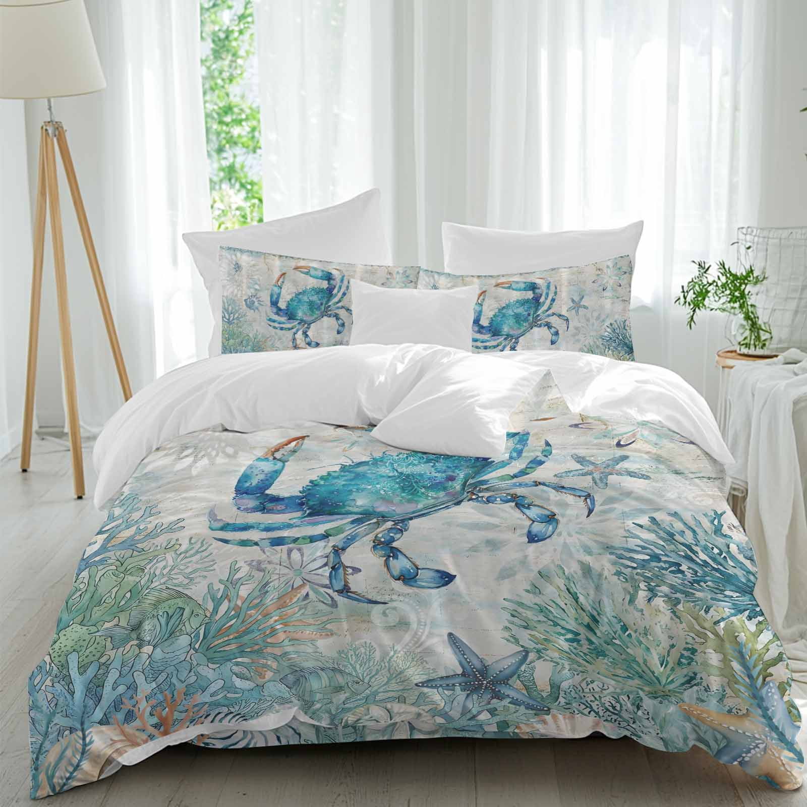 Blue Crab Summer Ocean Coral Queen Size Bed Set,Nautical Starfish Shell ...