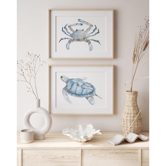 Blue Crab Turtle Coastal Sea Life Wall Art Set 2 Unframed Paper Print ...