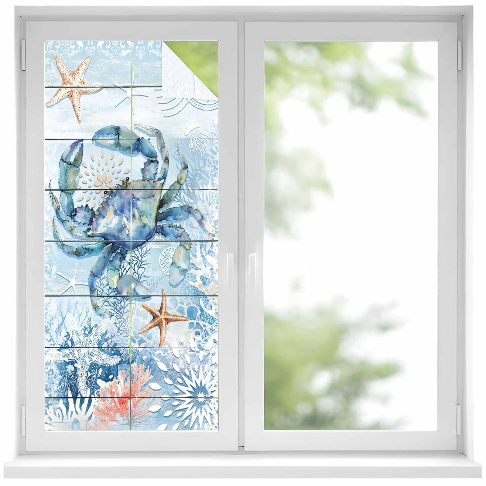 Blue Crab Window Privacy Film Ocean Coral Starfish Vintage Wood Grain ...