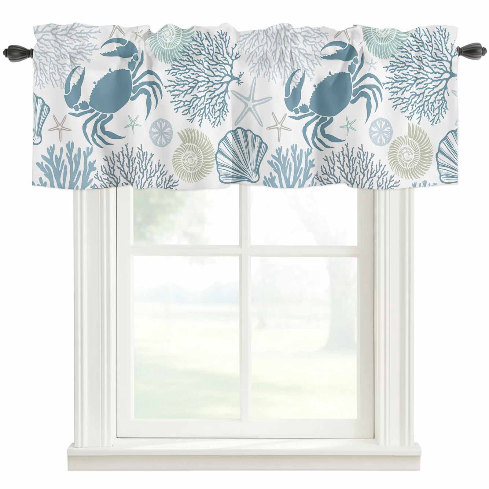Blue Crab Window Valance Curtain Coral Starfish Shell Rod Pocket Short ...