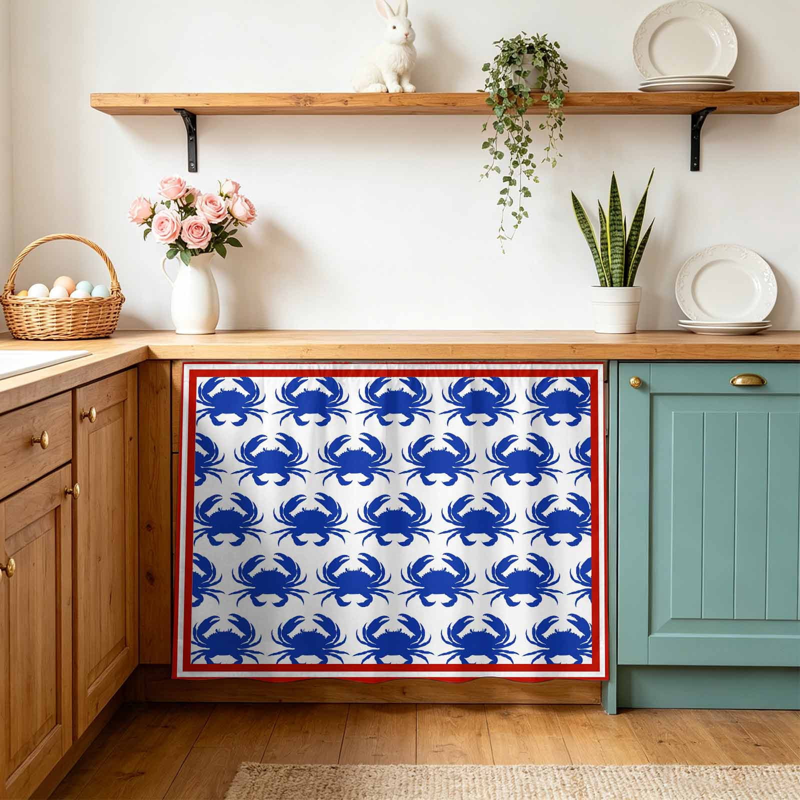 Blue Crabs Cabinet Curtains 11" W x 13" L Abstract Summer Ocean Blue ...