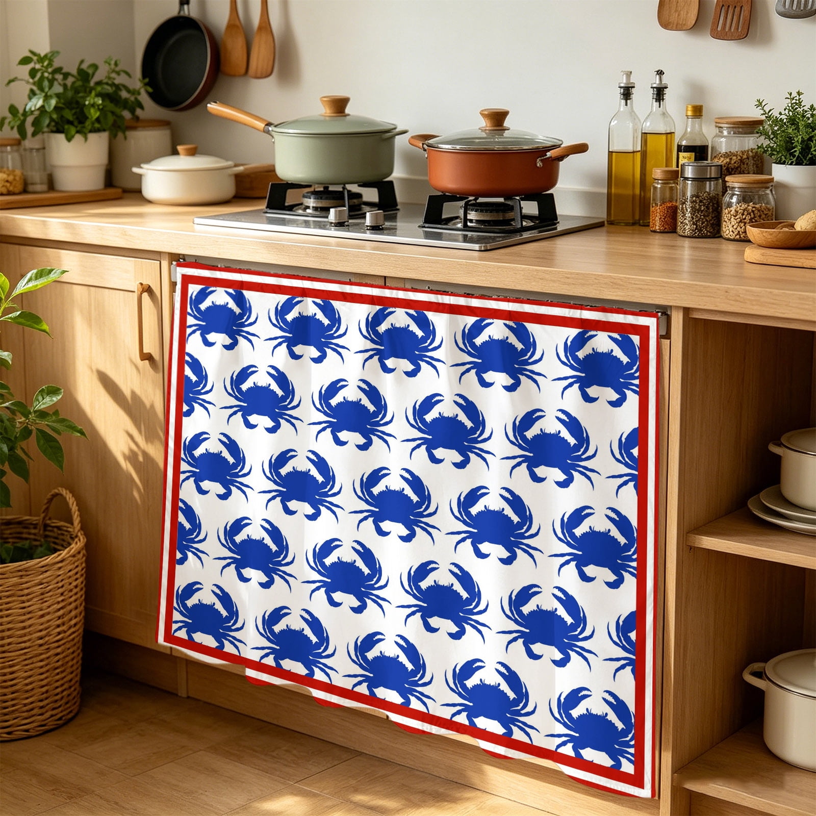 Blue Crabs Cabinet Curtains 35" W x 35" L Abstract Summer Ocean Blue ...