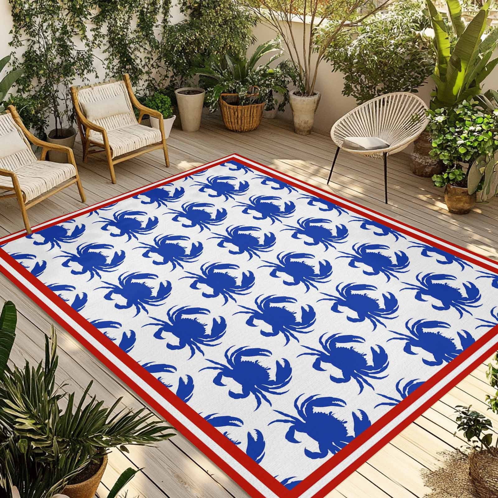 Blue Crabs Outdoor Rug, Abstract Summer Ocean Blue Crab Red Stripes ...