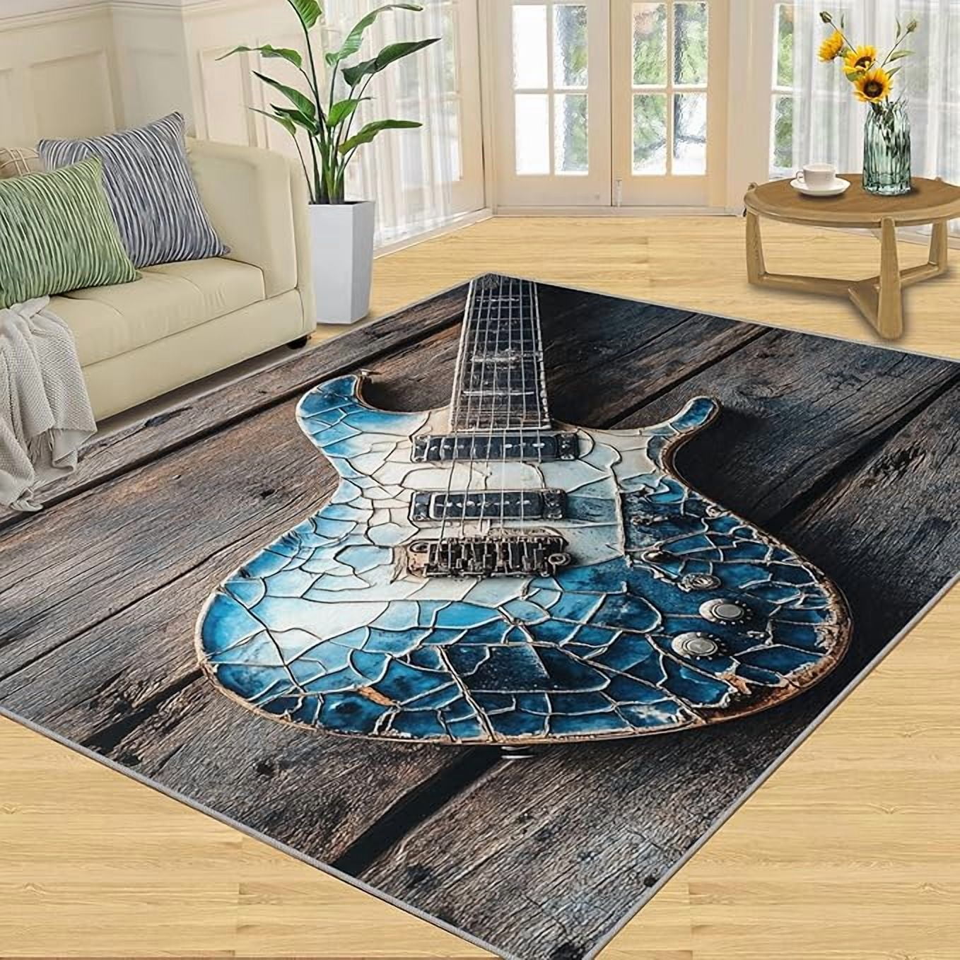 Blue Cracked Guitar Rugs for Bedroom, Electric Guitar Area Rug, Music ...