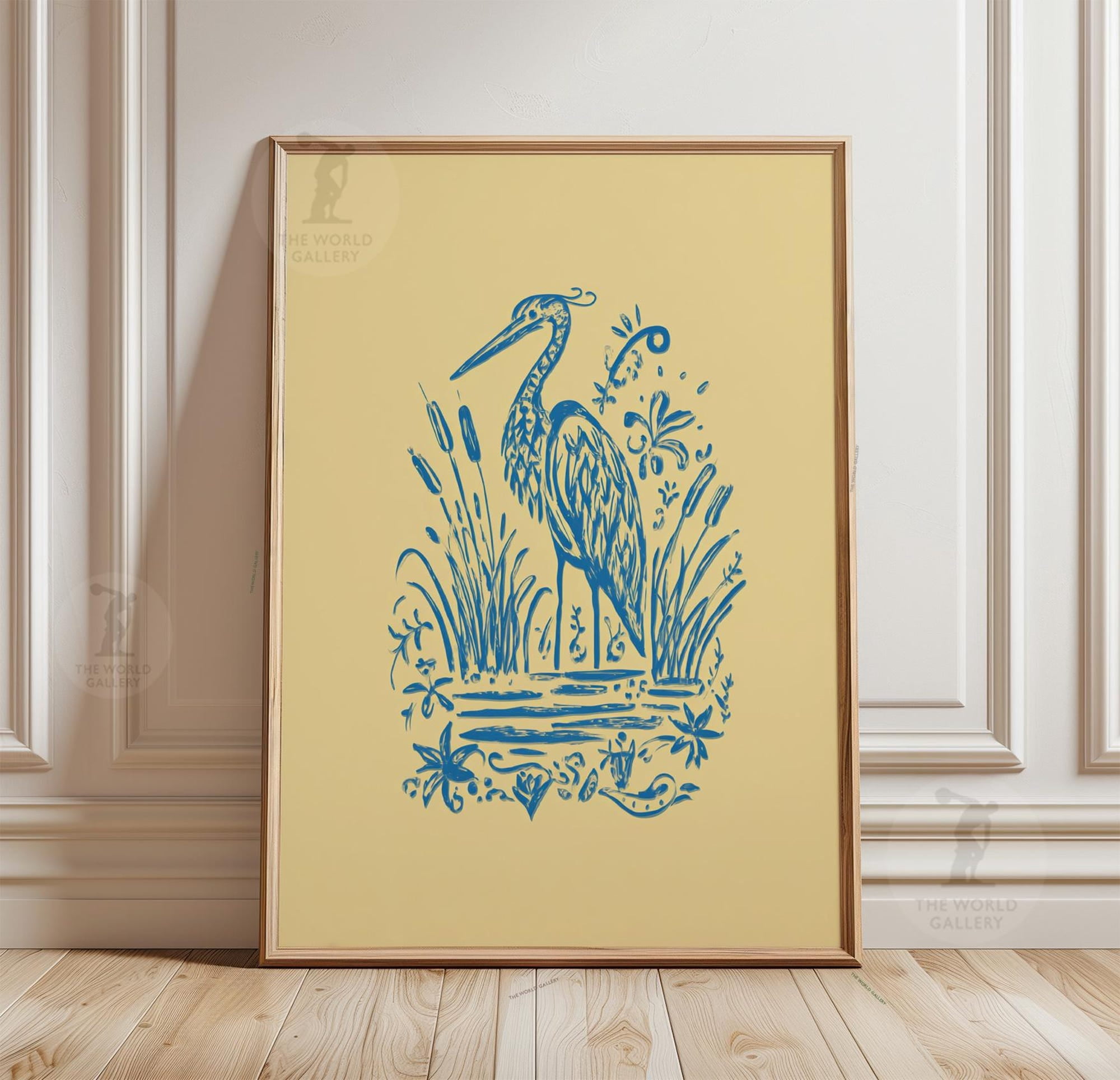 Blue Crane Folk Art Print Minimalist Wetland Heron Poster Cobalt Ochre ...