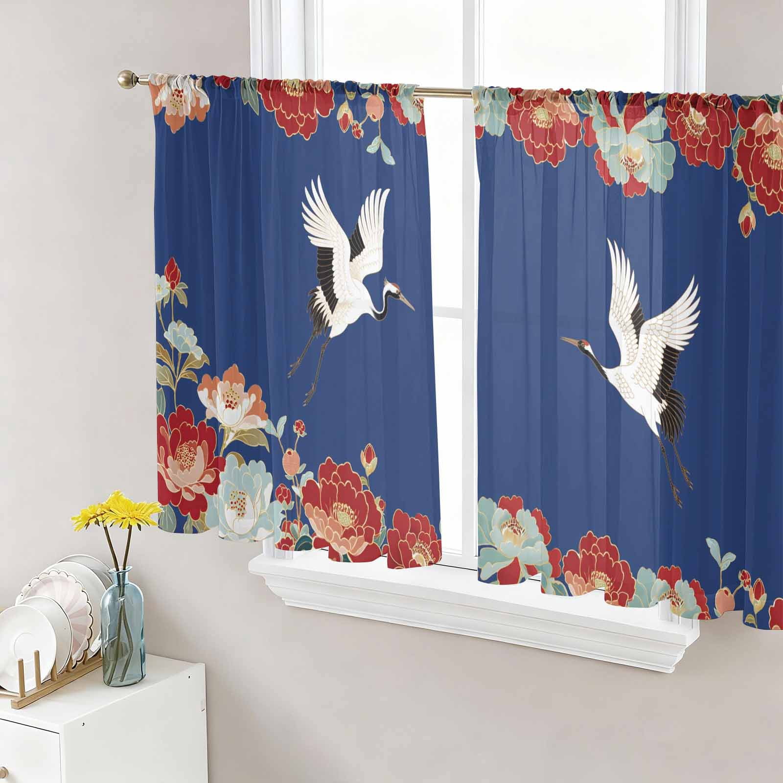 Blue Crane Sheer Curtains 54 Inch Length 2 Panels Set Window Treatments ...
