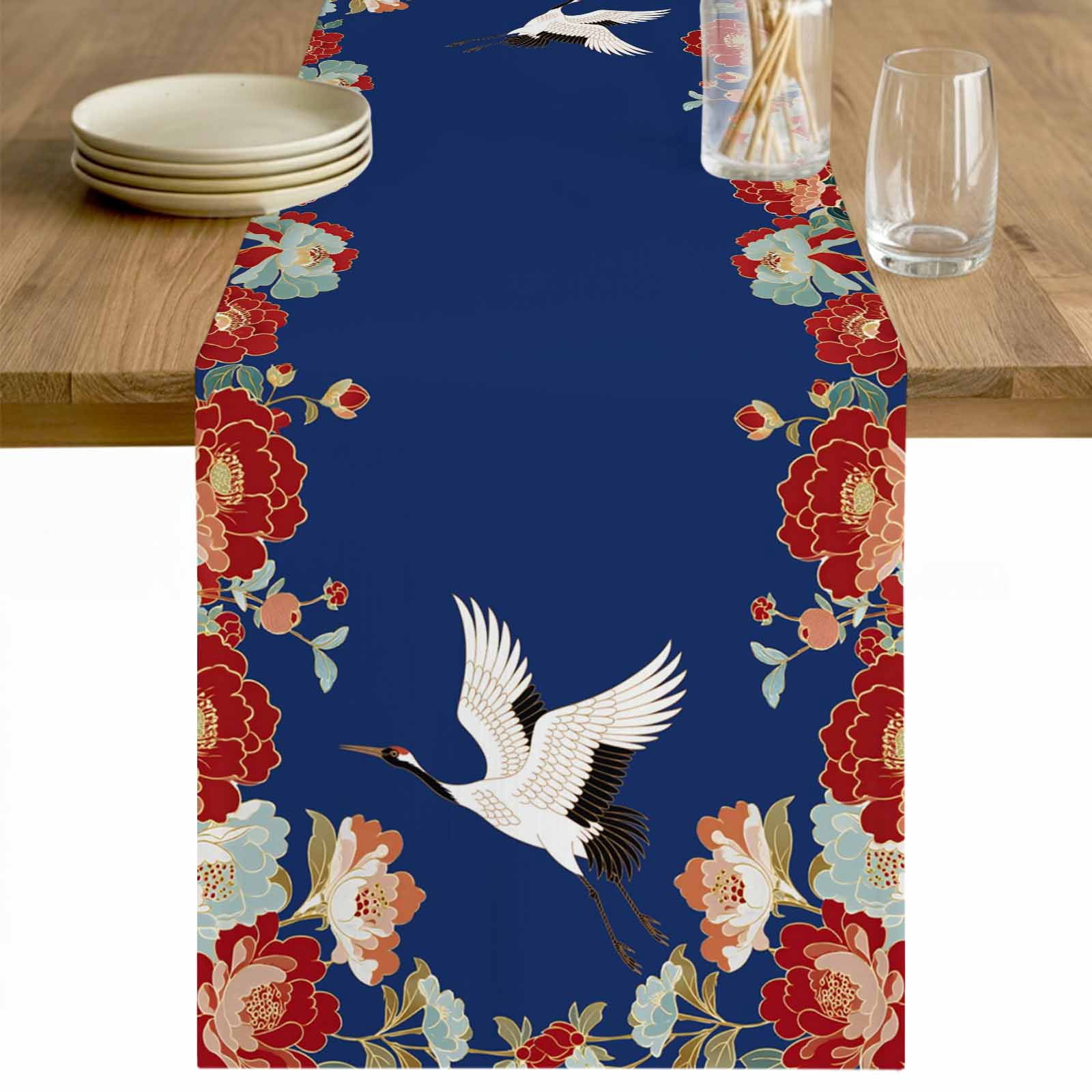 Blue Crane Table Runner - 72 Inch Long Vintage Red Teal Spring Floral ...