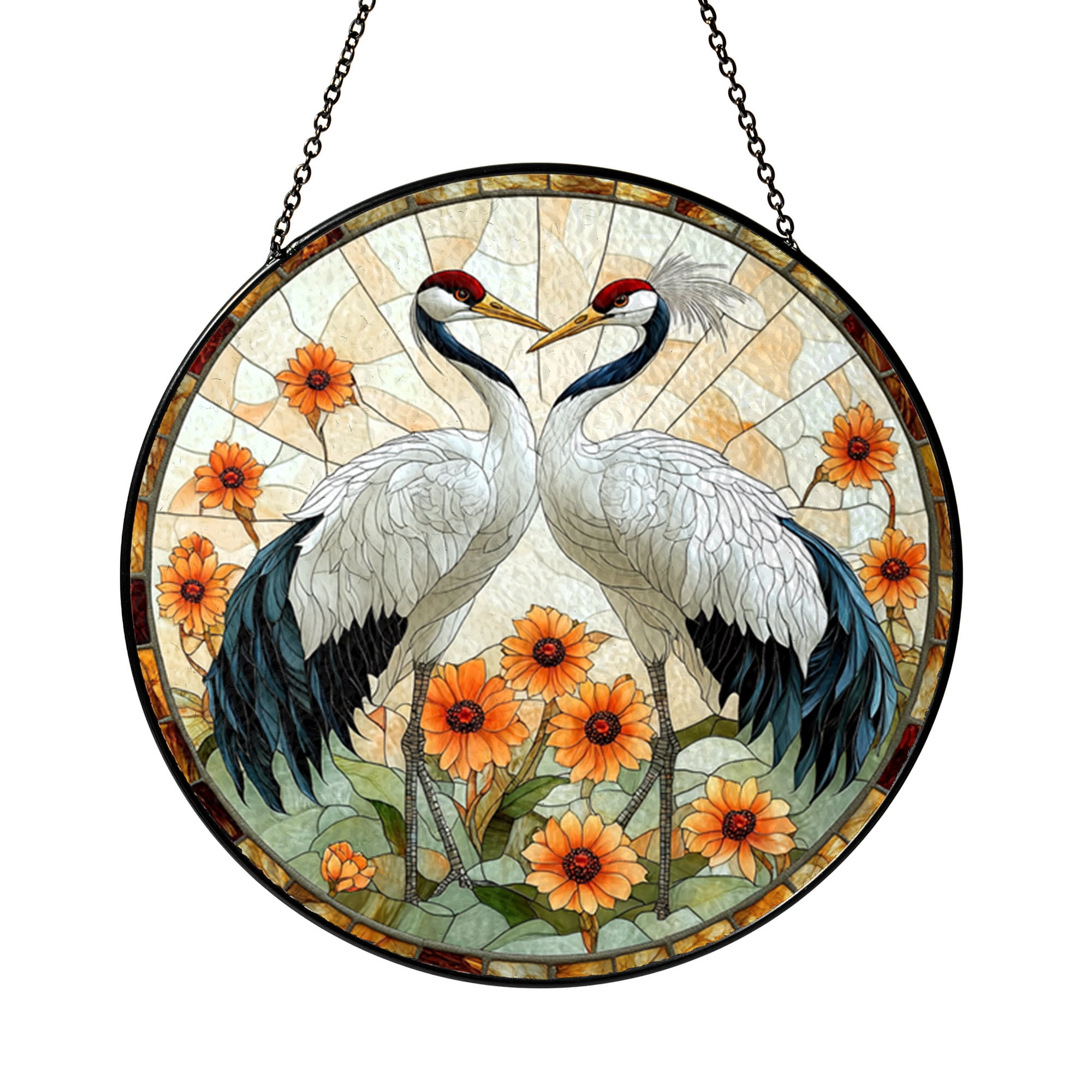 Blue Cranes with Orange Wildflowers Stained Glass Round Suncatcher ...