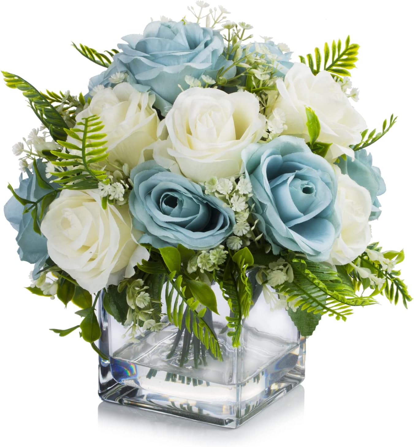 Blue Cream Artificial Silk Roses Faux Flowers Arrangement in Cube Glass ...