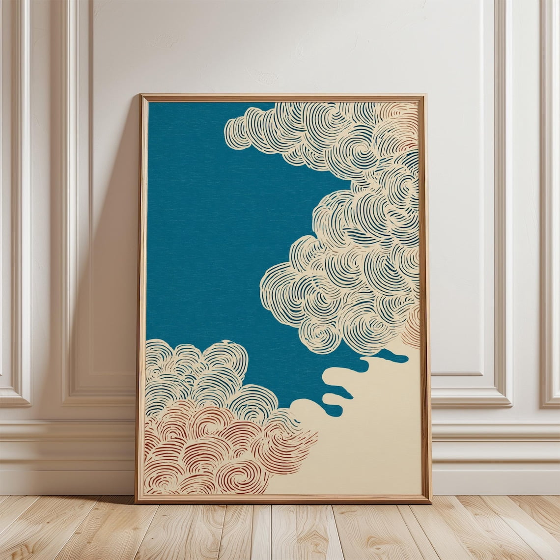 Blue Cream Cloud Poster Abstract Sky Illustration Linocut Folk Art ...