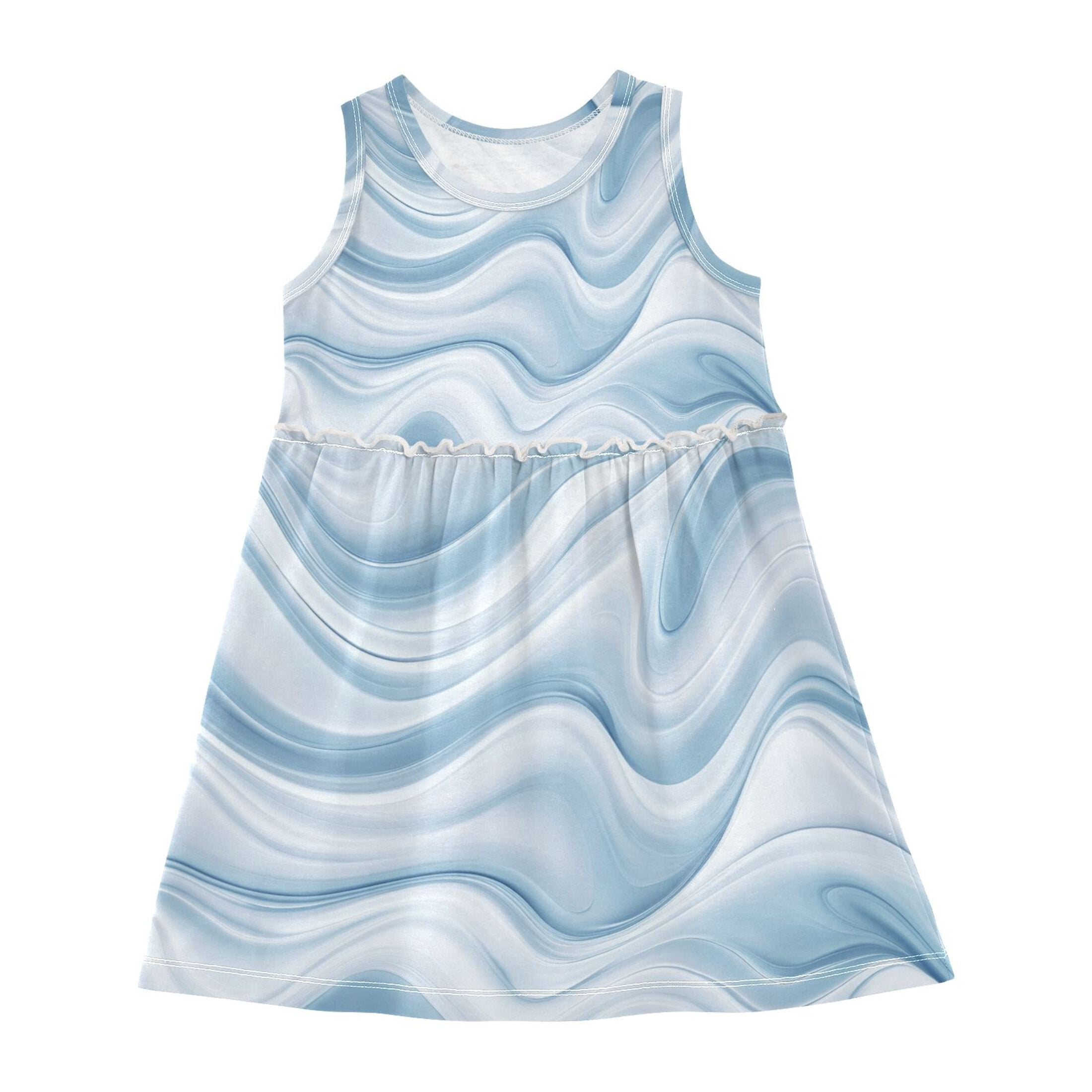 Blue Creamy Wavy Sleeveless Dress A-Line One-Piece Dress Quick Dry 4T ...