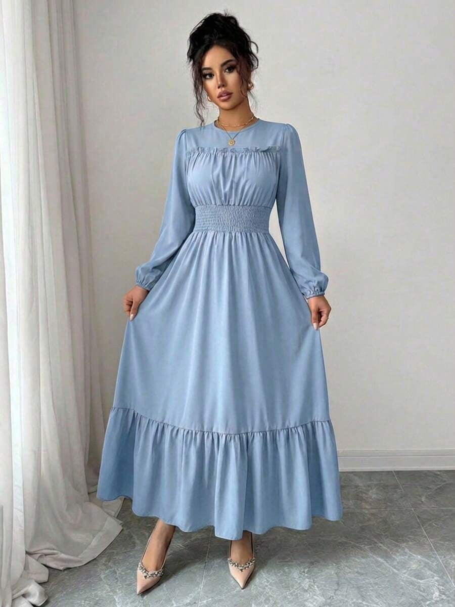 Blue Crew Neck Smocked Waist Long Sleeve Ruffle Trim Flounce Hem Midi ...