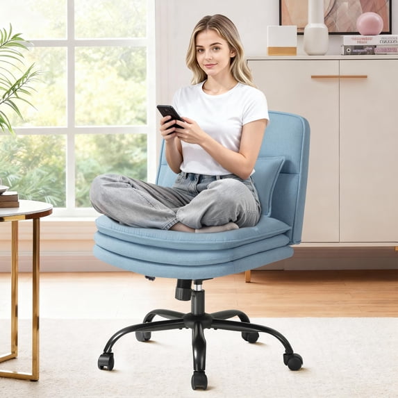 Blue Criss Cross Legged Armless Office Chair With Wheels Extra Wide ...