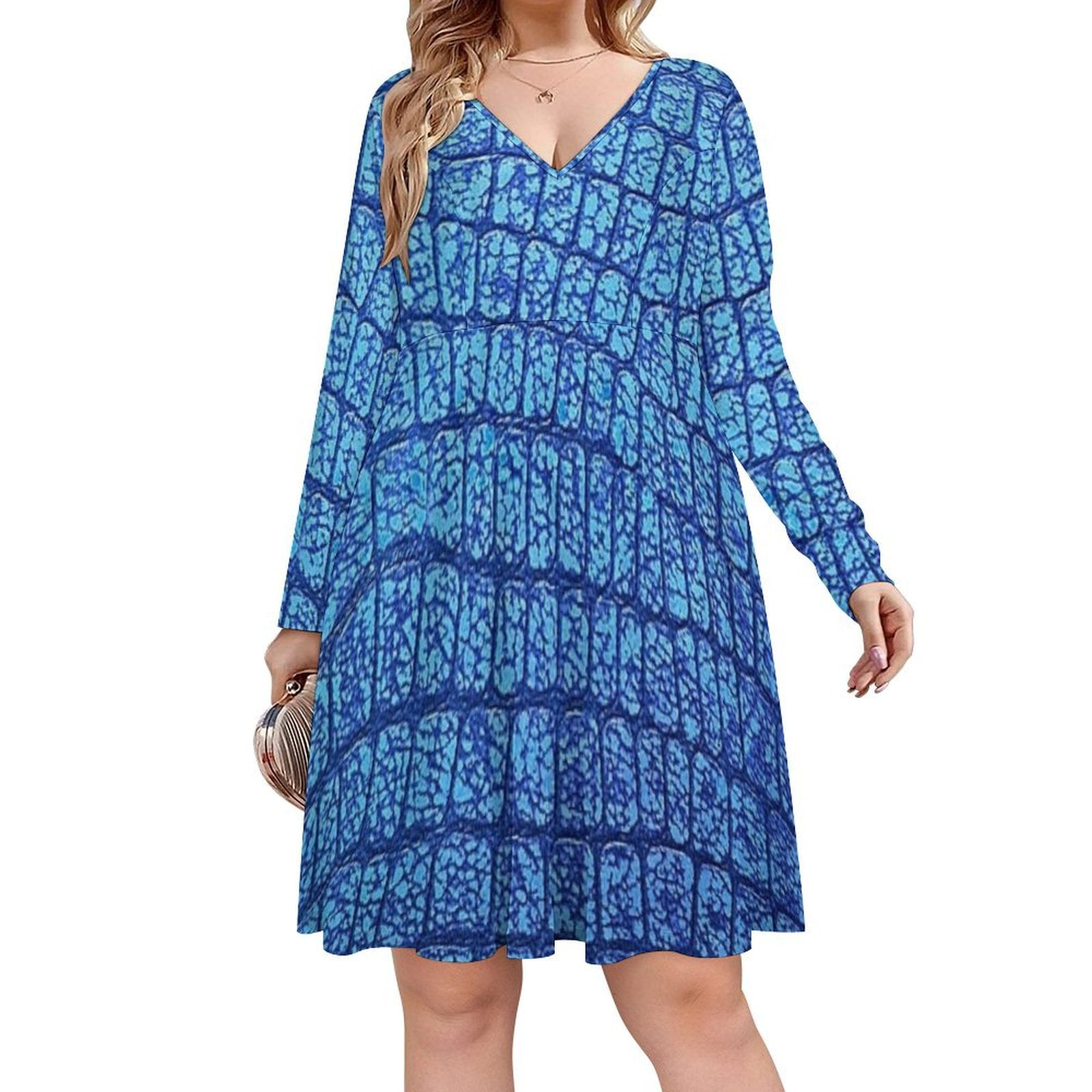 Blue Crocodile Pattern Long Sleeve Dresses For Women Vintage Elegant ...