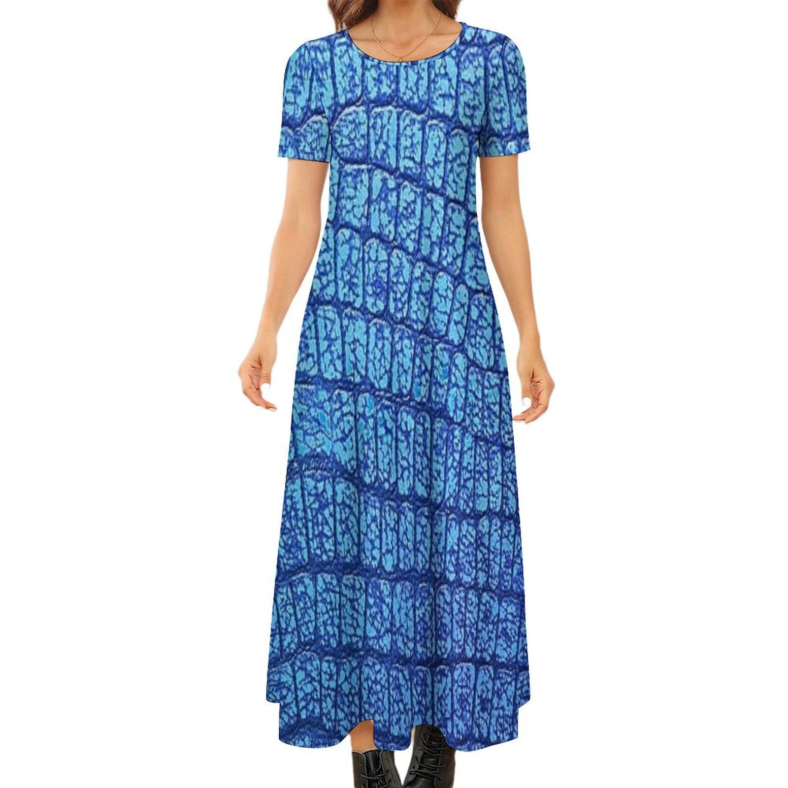 Blue Crocodile Pattern Maxi Dress for Women Crew Neck Beach Dress Short ...