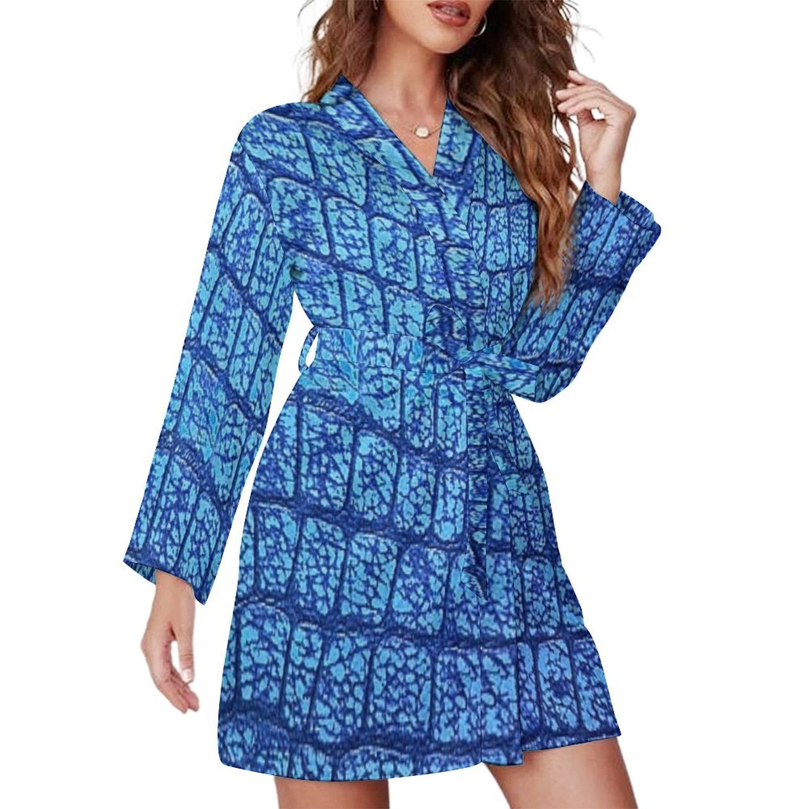 Blue Crocodile Pattern Night Robe Long Sleeve V Neck Robe With Belt ...