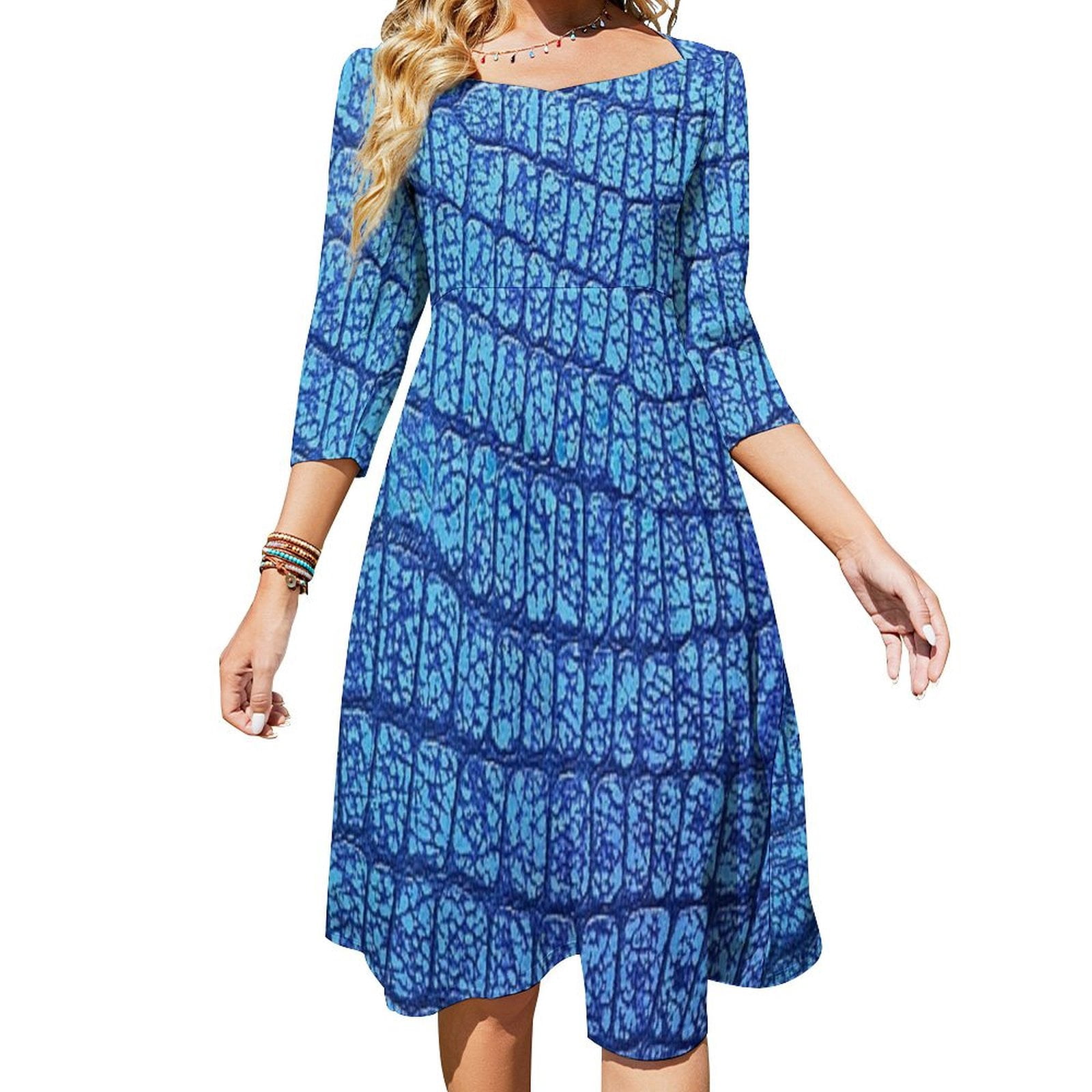 Blue Crocodile Pattern Sweetheart Knot Flared Dress Fashion Design ...