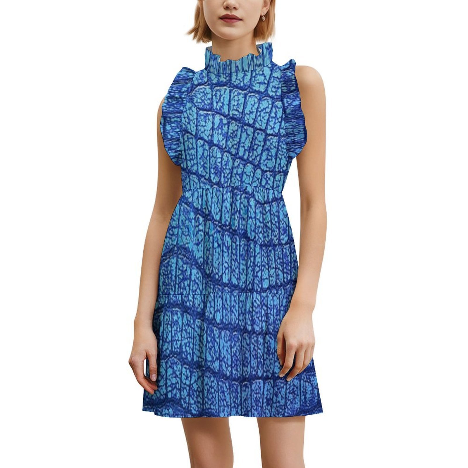 Blue Crocodile Pattern Women's Fashion Casual Dress Summer Stand Up ...