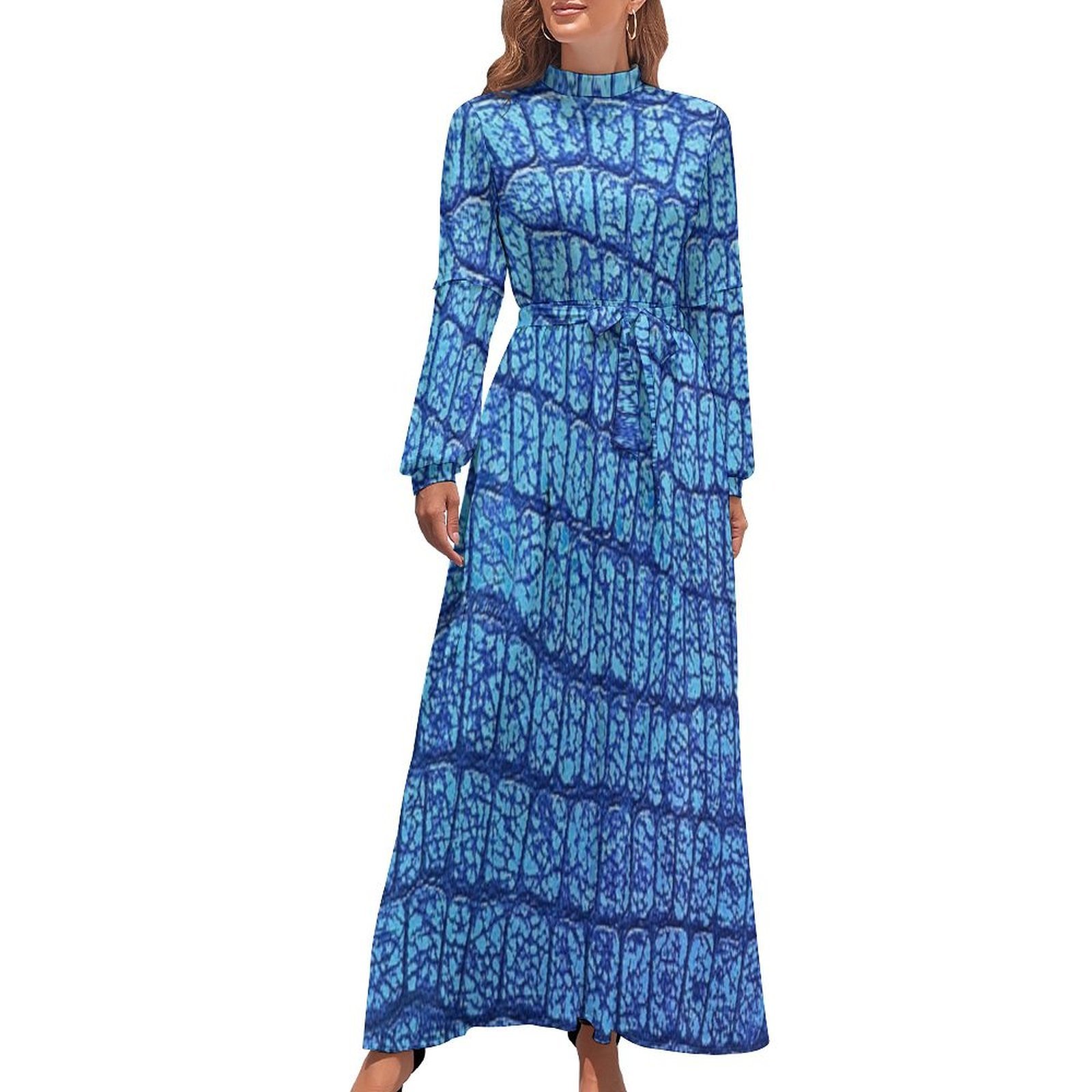 Blue Crocodile Pattern Women's Long Dress Long Sleeves Dress Vintage ...