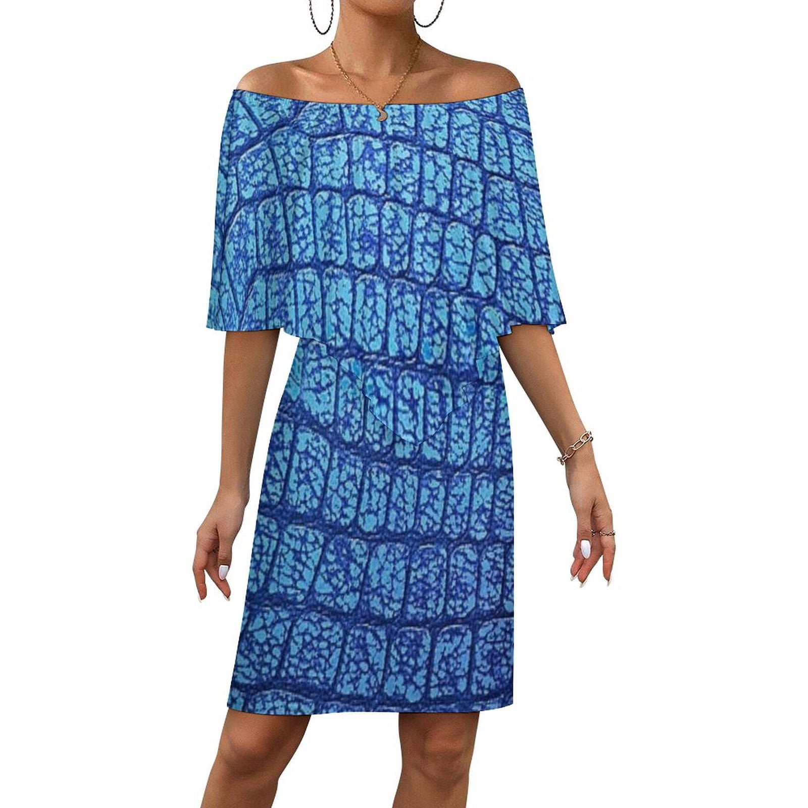 Blue Crocodile Pattern Women's Off The Shoulder Ruffles Summer Wedding ...