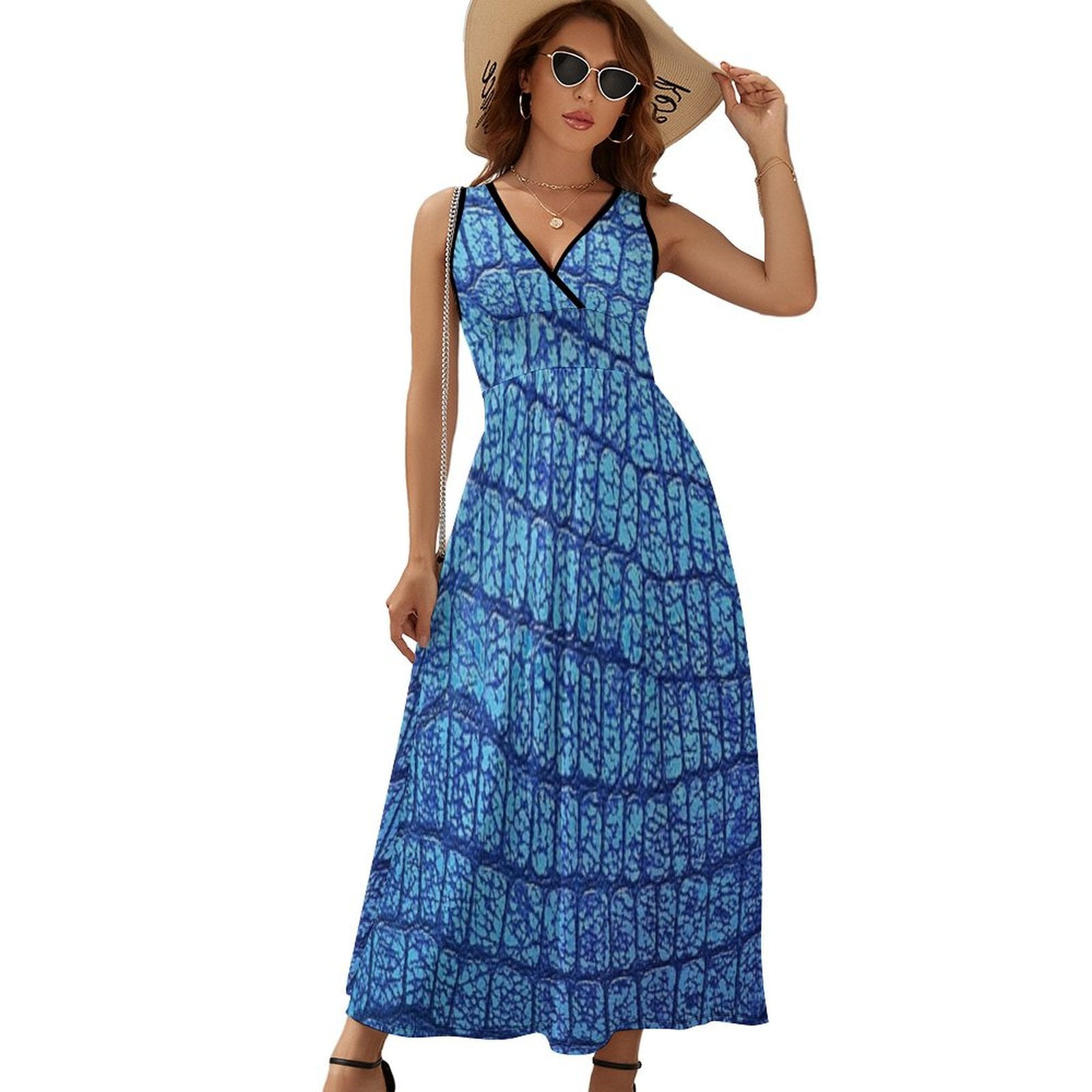 Blue Crocodile Pattern Womens Night Club Maxi Dress V Neck Sleeveless ...