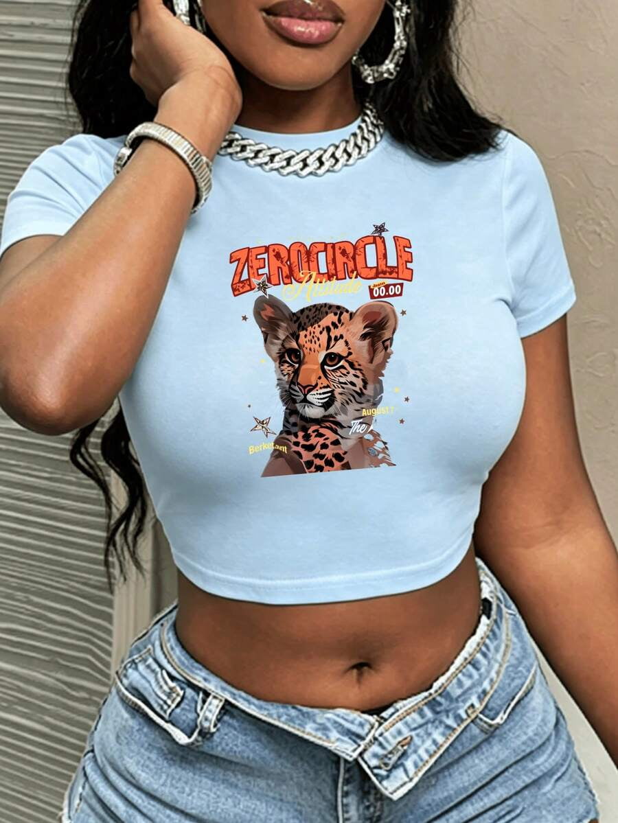 Blue Crop Top For Women, High-Stretch Graphic Tee With Leopard Cub ...