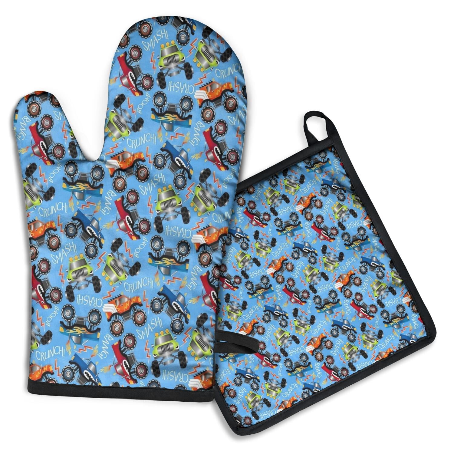 Blue Crunch Smash Monster Cartoon Trucks Pattern Kitchen Oven Mitt and ...