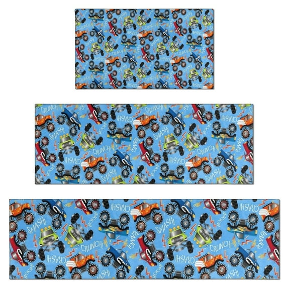 Blue Crunch Smash Monster Cartoon Trucks Pattern Kitchen Rugs Sets Of 3 ...