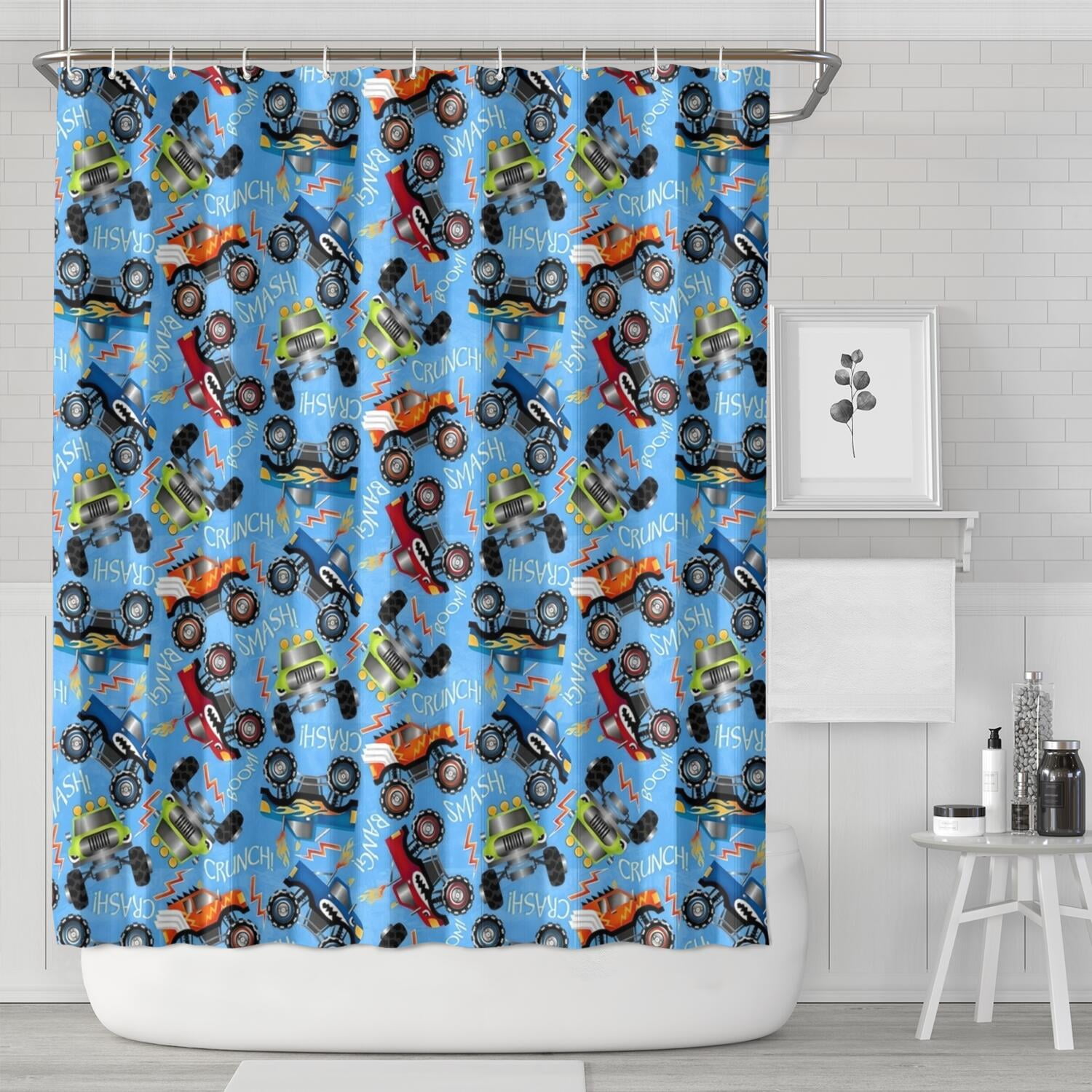 Blue Crunch Smash Monster Cartoon Trucks Pattern Shower Curtain 72"x84 ...