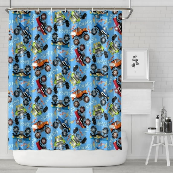 Blue Crunch Smash Monster Cartoon Trucks Pattern Shower Curtain 84"x72 ...
