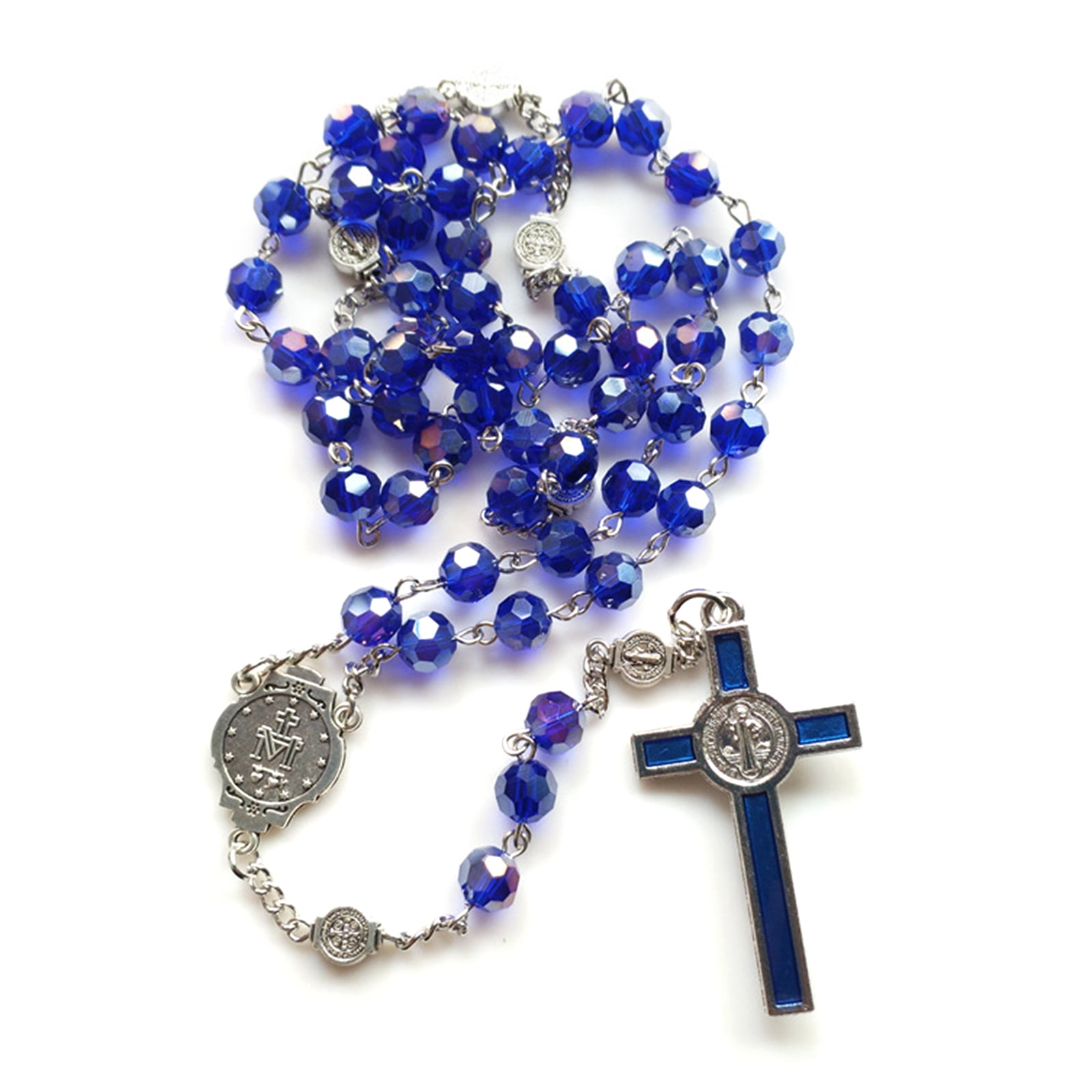 Blue Crystal Bead Rosary Prayer Necklace, Vintage Catholic Religious ...