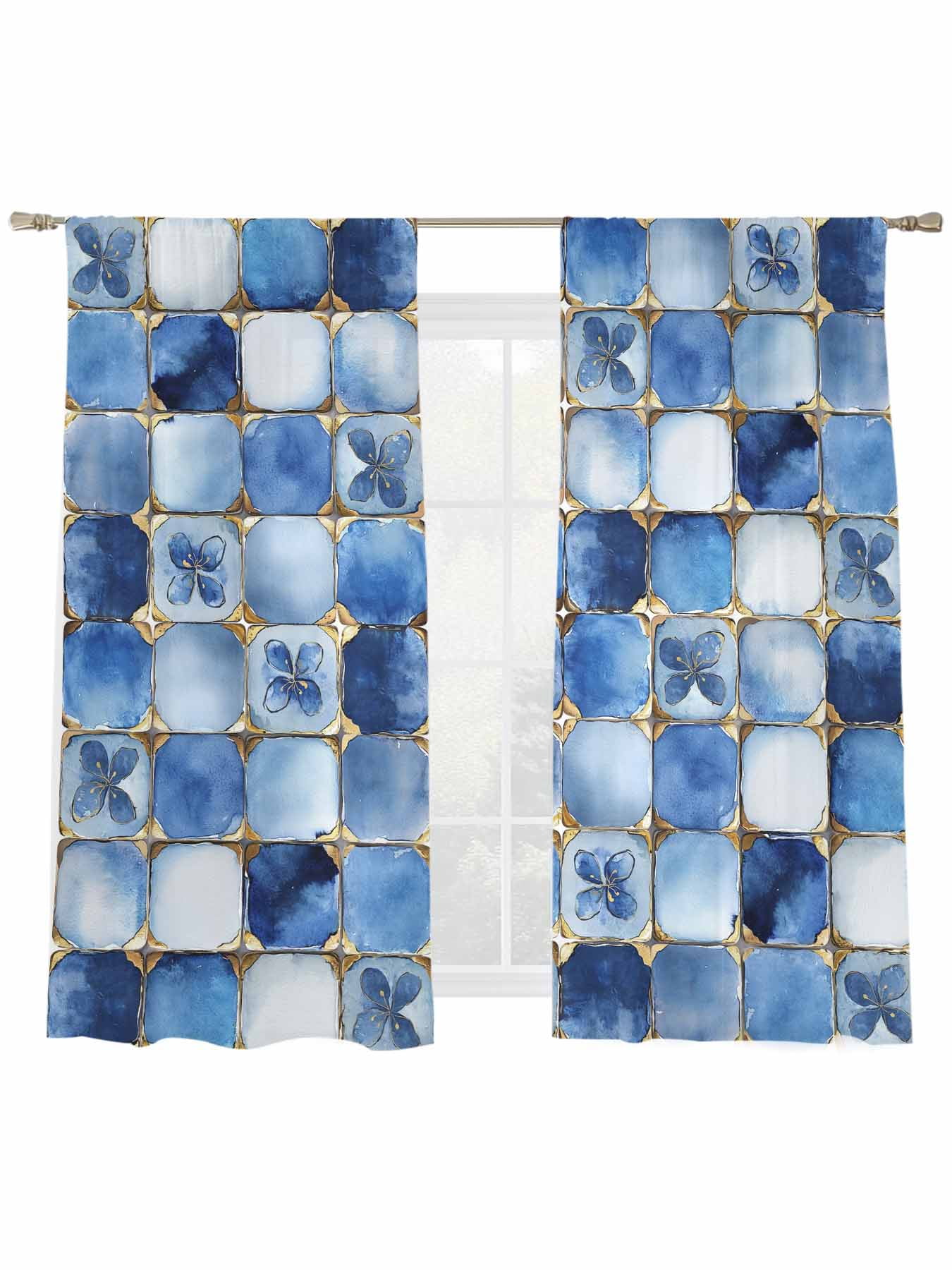 Blue Crystal Flower Sheer Curtains 2 Panels Set Irregular Texture Sheer ...