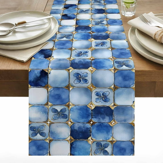 Blue Crystal Flower Table Runner 13x48 inch Irregular Texture Cotton ...