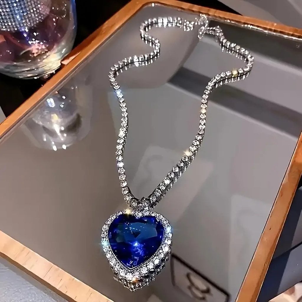 Blue Crystal Heart of the Ocean Necklace Titanic Inspired Cubic ...