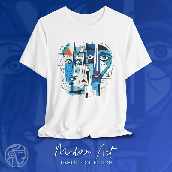Blue Cubist Portrait Graphic Tee with Artistic Modern Abstract Art ...
