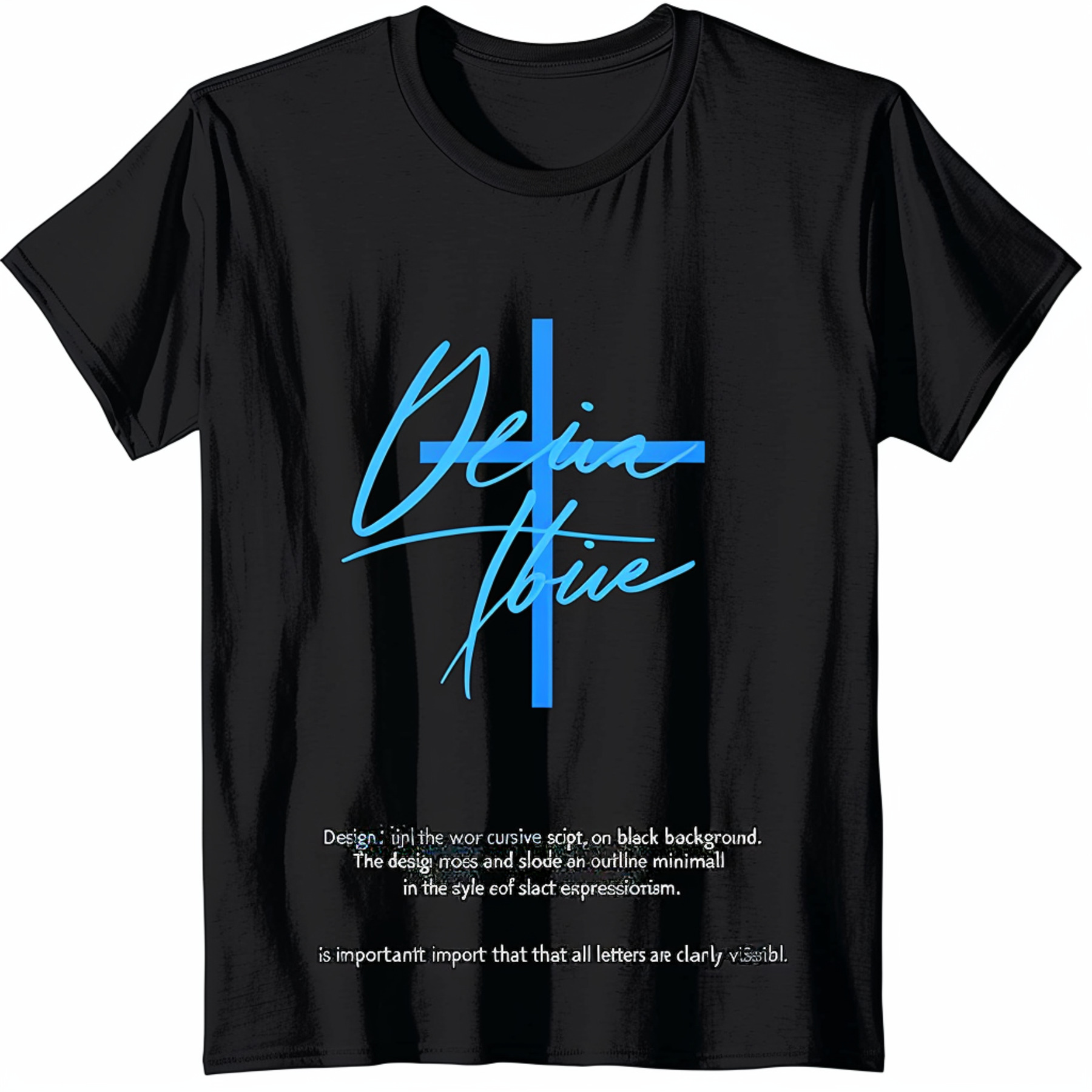 Blue Cursive Liquid Word Art with Cross Outline on Black TShirt ...