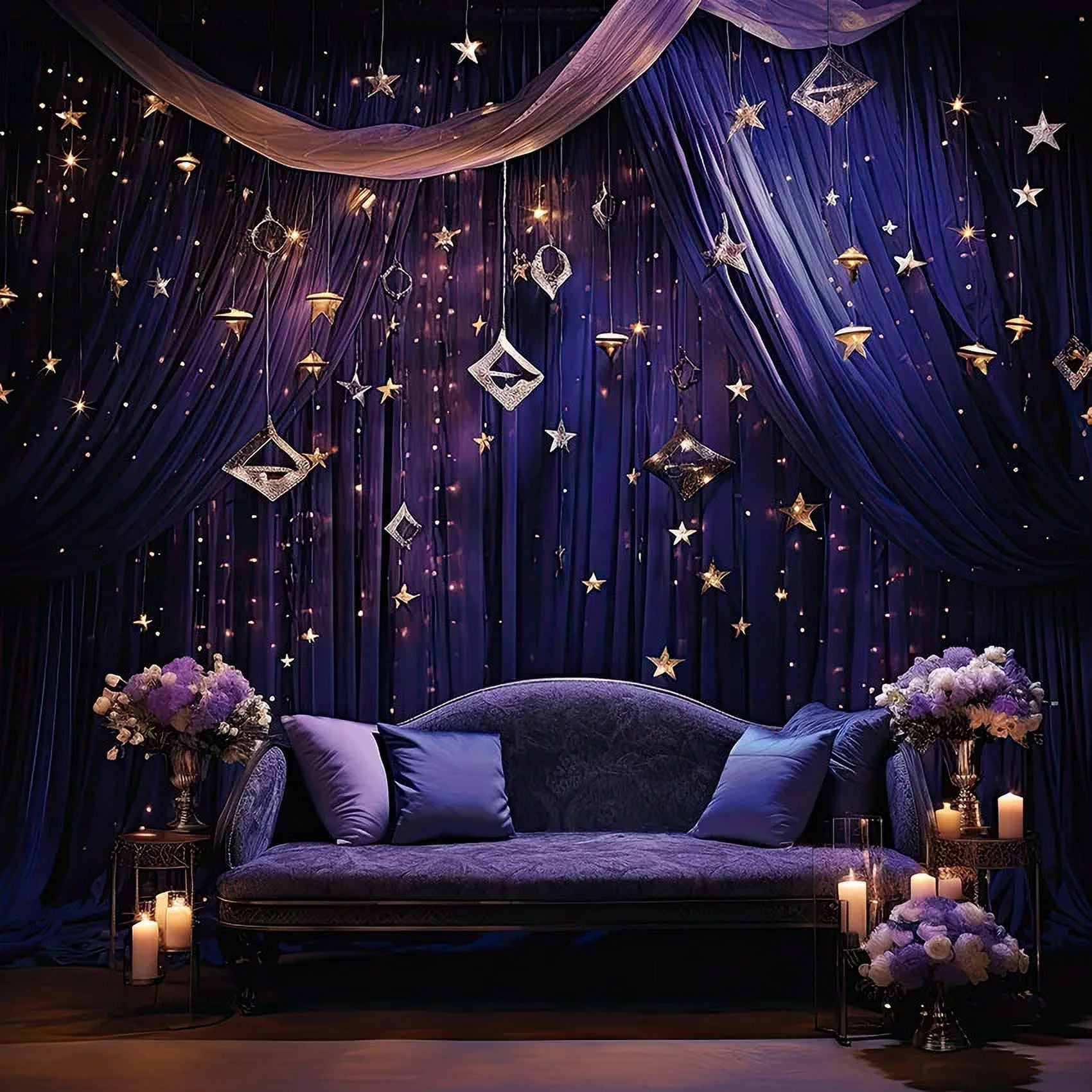 Blue Curtain Glitter Star Moon Kids Birthday Party Wedding Portrait r ...
